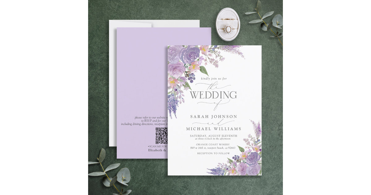 QR Code Lilac Lavender Mauve Script Floral Wedding Invitation | Zazzle