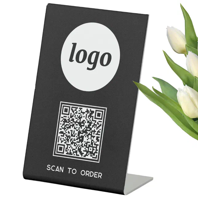 QR Code Logo Business Scan to Order Black Pedestal Sign | Zazzle