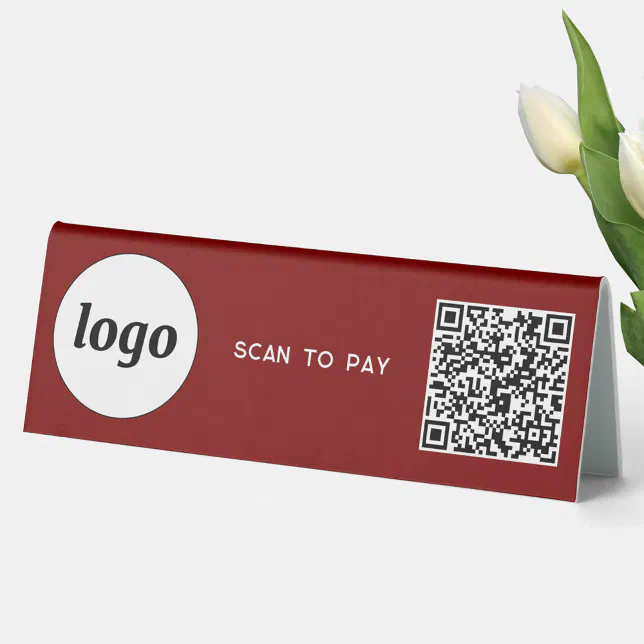 QR Code Logo Business Scan to Pay Burgundy Red Table Tent | Zazzle