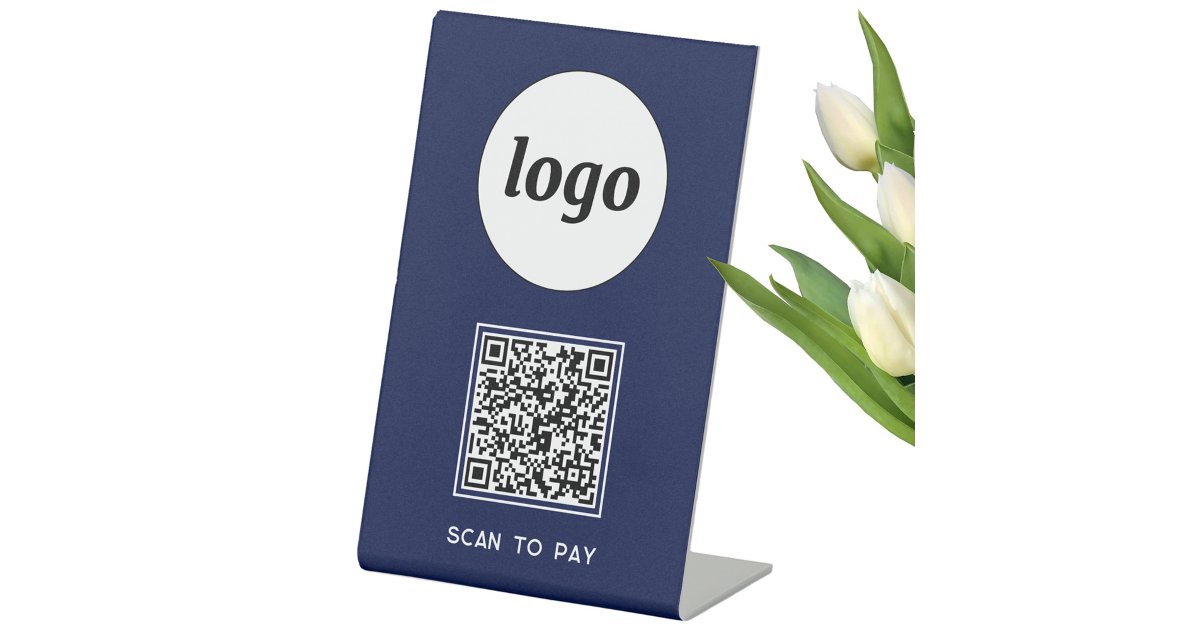 QR Code Logo Business Scan to Pay Navy Blue Pedestal Sign | Zazzle