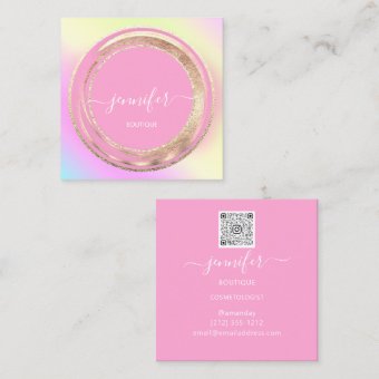 QR Code Logo Glitter Gold Frame Holograph Pink Square Business Card ...