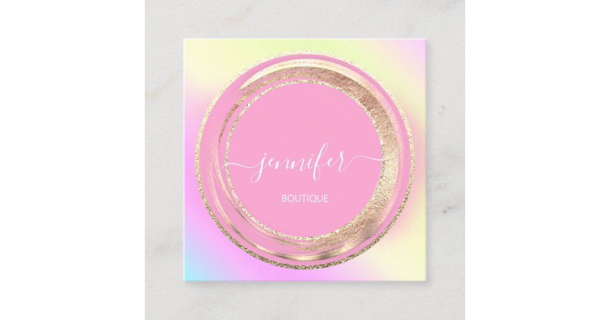QR Code Logo Glitter Gold Frame Holograph Pink Square Business Card ...