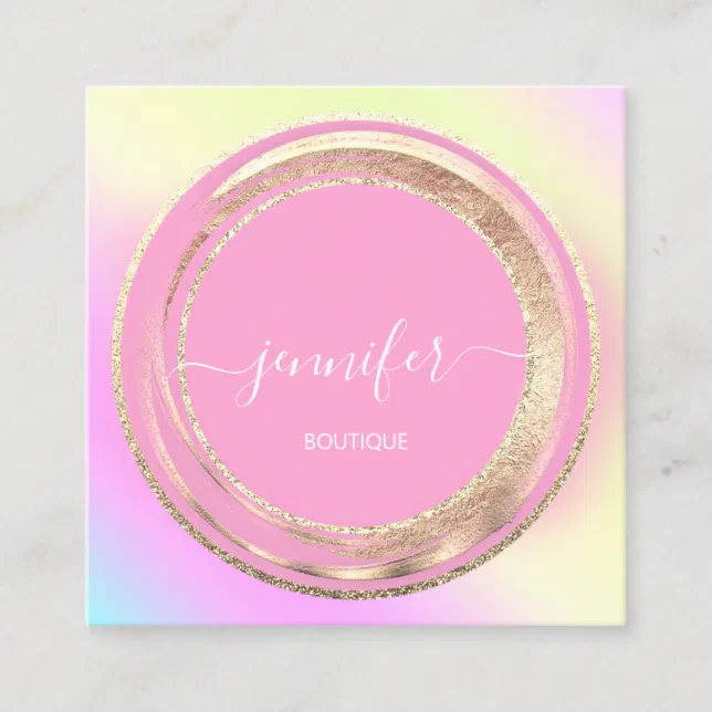 QR Code Logo Glitter Gold Frame Holograph Pink Square Business Card ...