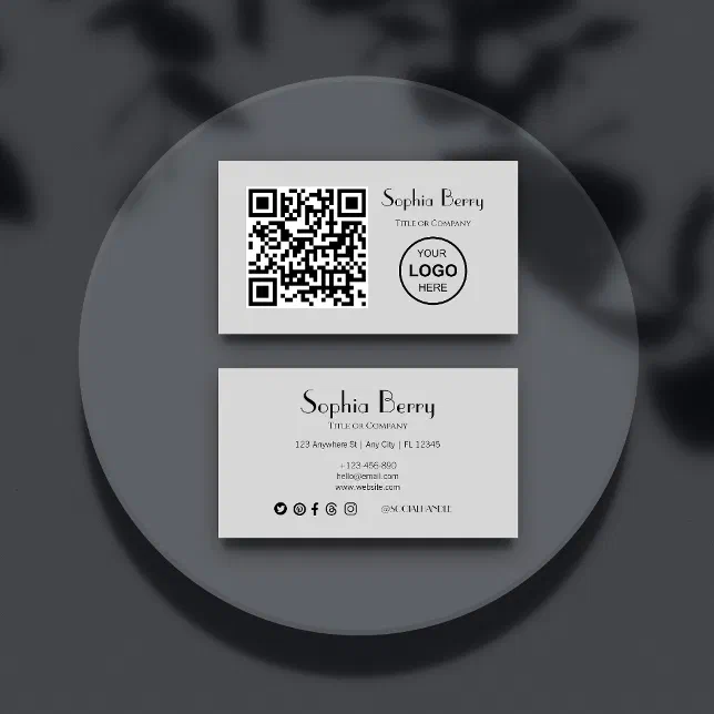 QR Code Logo Modern Minimal Grey Business Card | Zazzle