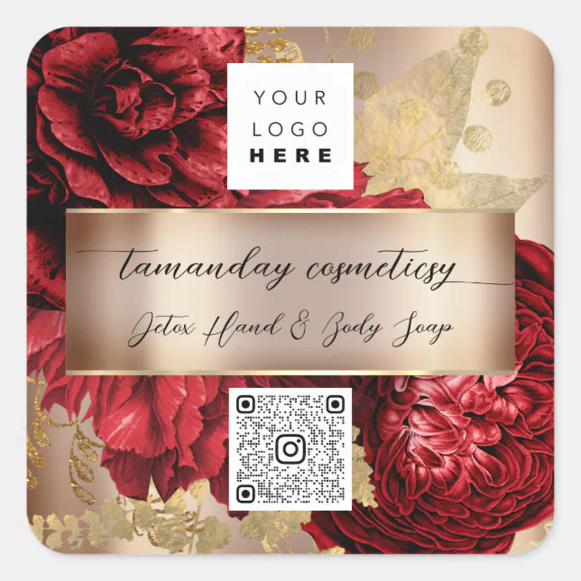 QR Code Logo Photo Product Thank Rose Red Gold Square Sticker | Zazzle
