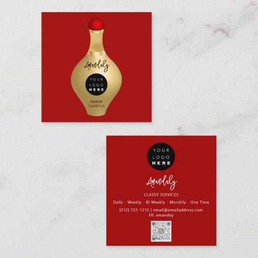 QR Code Logo Red Gold Cosmetics Perfumes Square Business Card | Zazzle