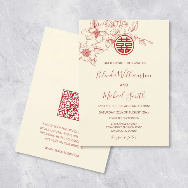 QR Code | Magnolia Red Cream Chinese Wedding Invitation | Zazzle