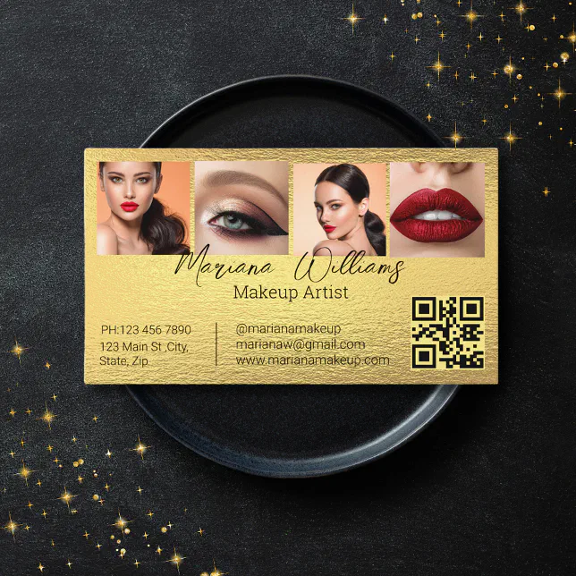 qr code makeup artist 4 photos collage gold foil business card | Zazzle