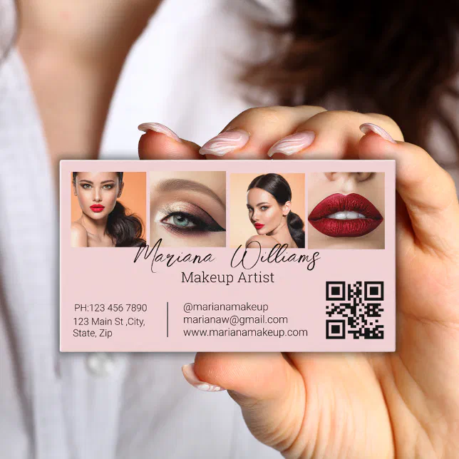 qr code makeup artist 4 photos collage pink business card | Zazzle