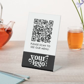 QR Code Menu Black Logo Contactless Modern Cafe Pe Pedestal Sign | Zazzle