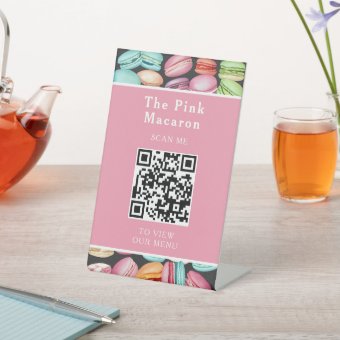 QR Code Menu | French Macaron Pink Bakery Pedestal Sign | Zazzle