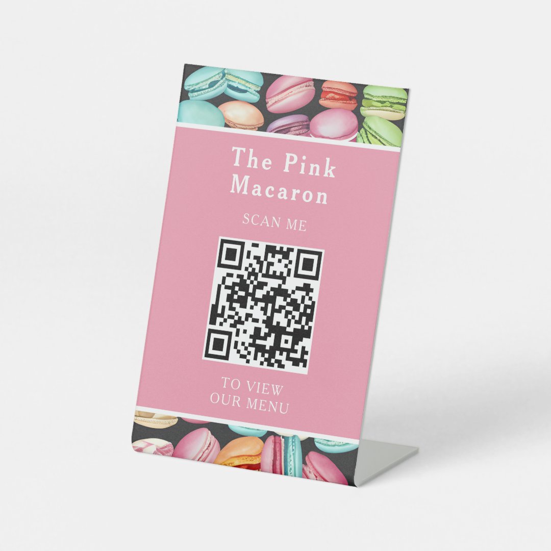 QR Code Menu | French Macaron Pink Bakery Pedestal Sign | Zazzle