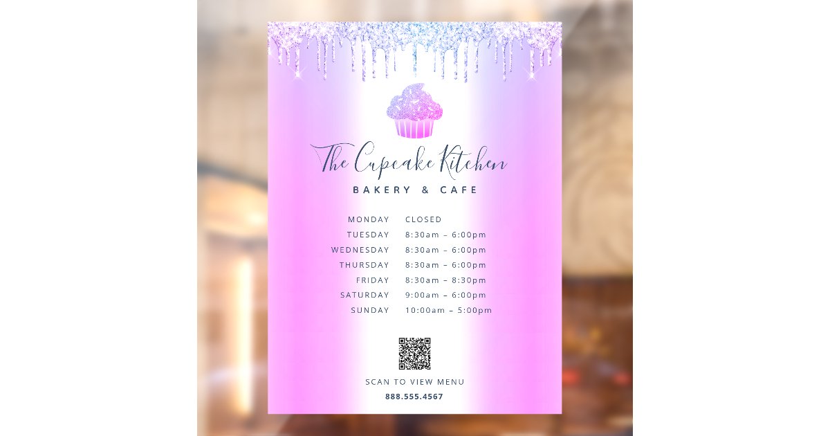 QR Code Menu Hours Cupcake Bakery Purple Glitter Window Cling | Zazzle