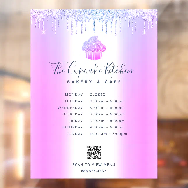 QR Code Menu Hours Cupcake Bakery Purple Glitter Window Cling | Zazzle