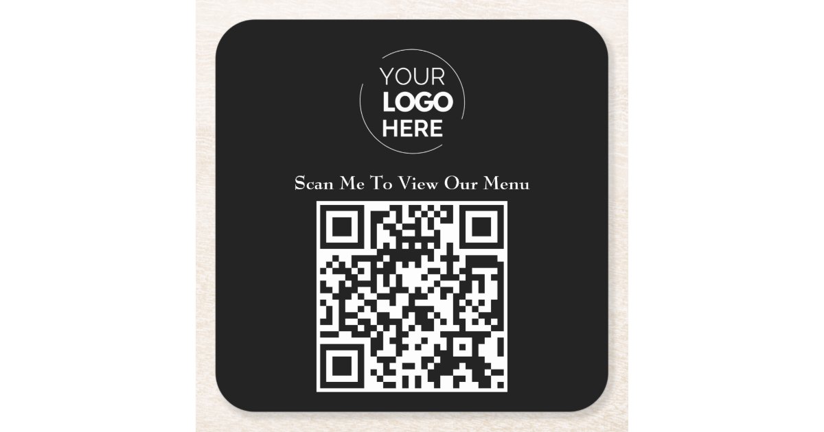 QR Code Menu | Logo Black Contactless Modern Square Paper Coaster | Zazzle