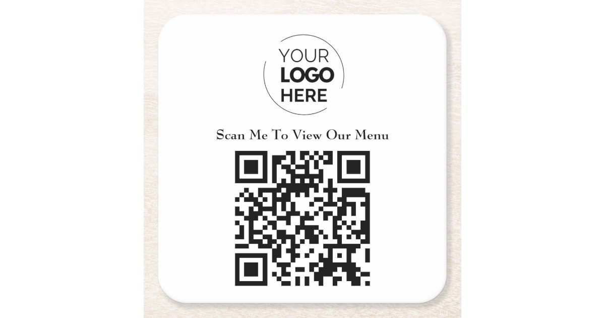 QR Code Menu | Logo White Contactless Modern Square Paper Coaster | Zazzle
