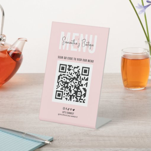 QR Code Menu Pink Business Logo Contactless Pedestal Sign | Zazzle