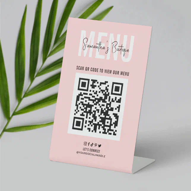 QR Code Menu Pink Business Logo Contactless Pedestal Sign | Zazzle