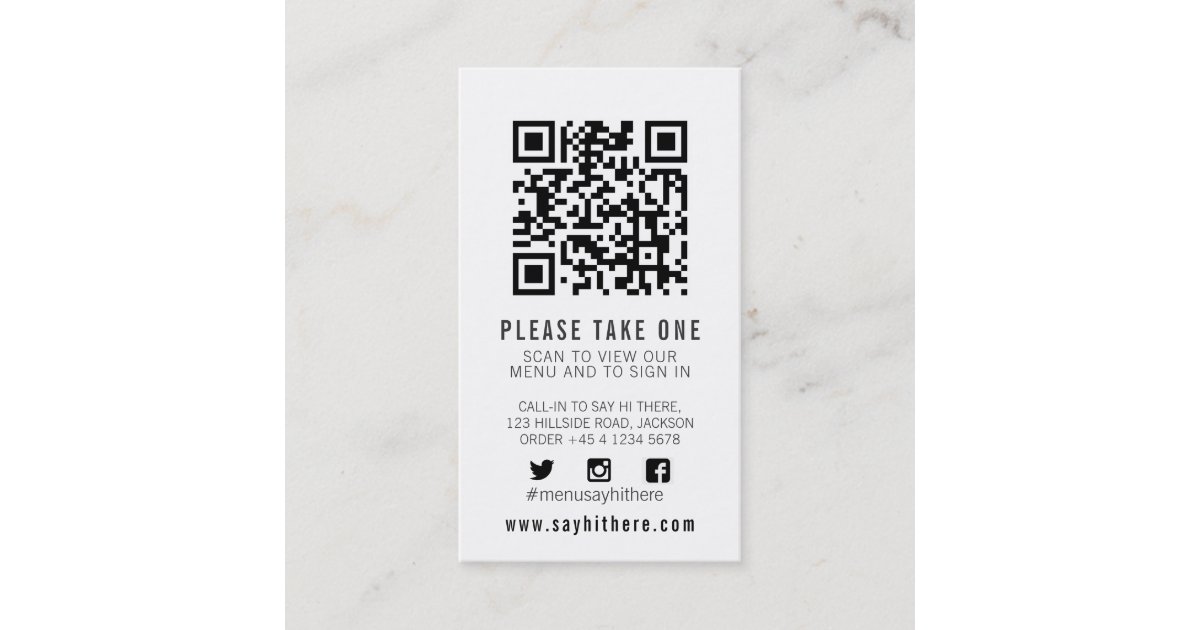 Qr code menu scan black white simple business card | Zazzle