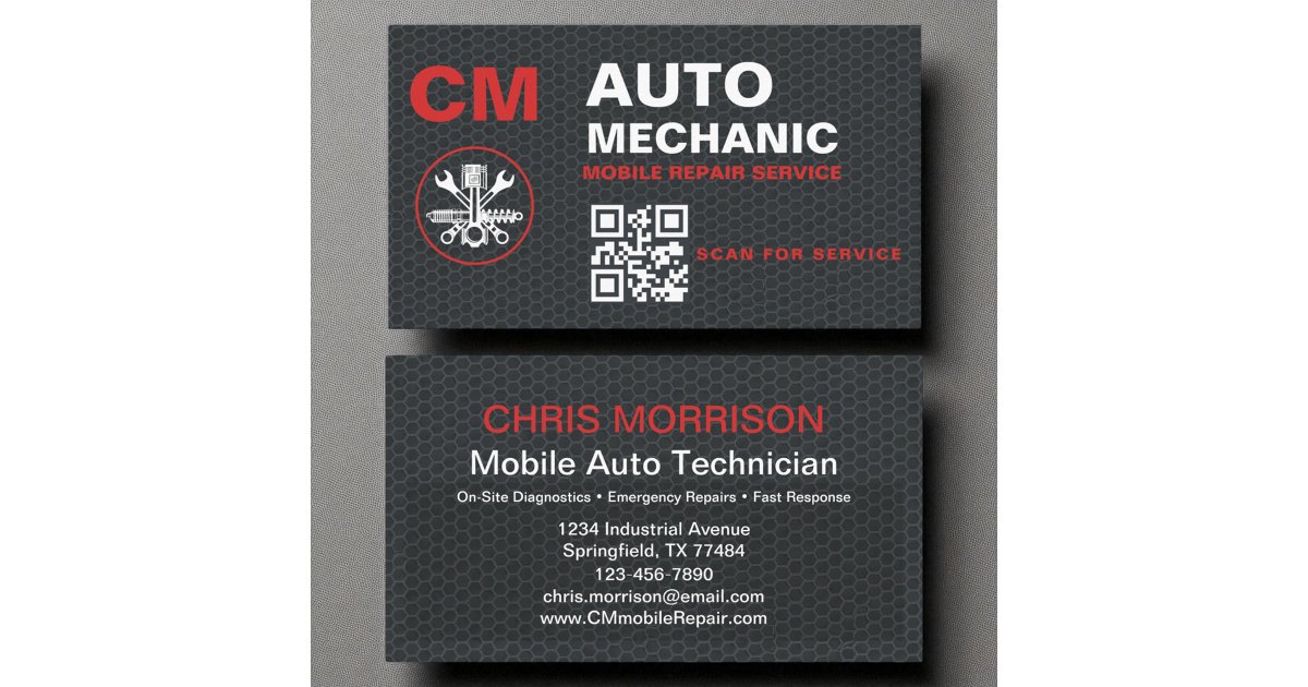 QR Code Mobile Auto Mechanic Monogram Business Card | Zazzle