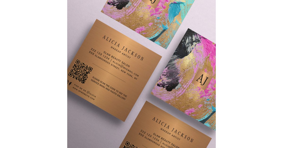 QR CODE modern abstract gold glam monogrammed Square Business Card | Zazzle