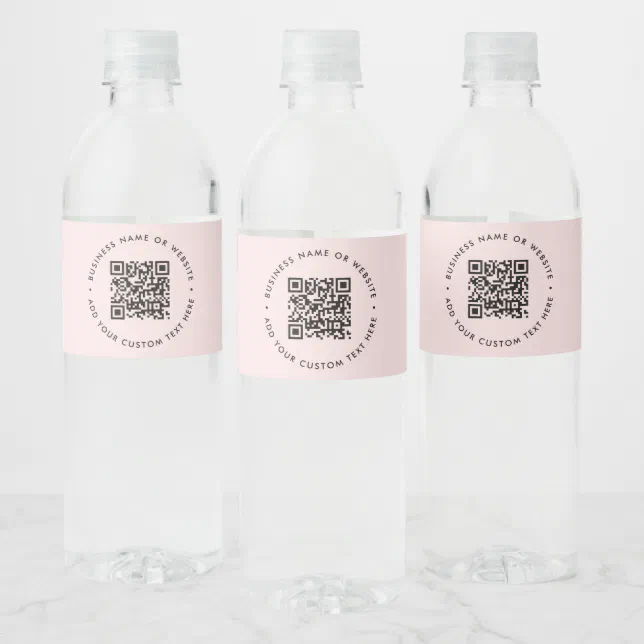QR Code | Modern Business Blush Pink Round Water Bottle Label | Zazzle