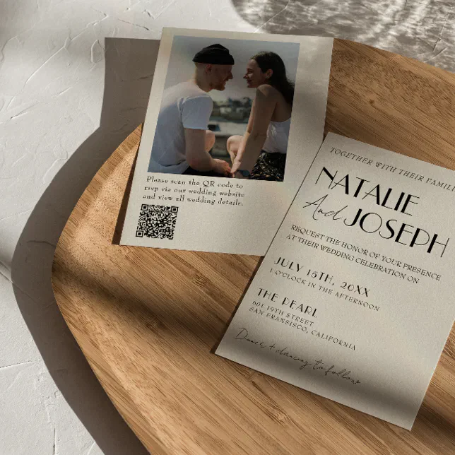 QR Code Modern Minimalist French Photo Wedding Invitation | Zazzle