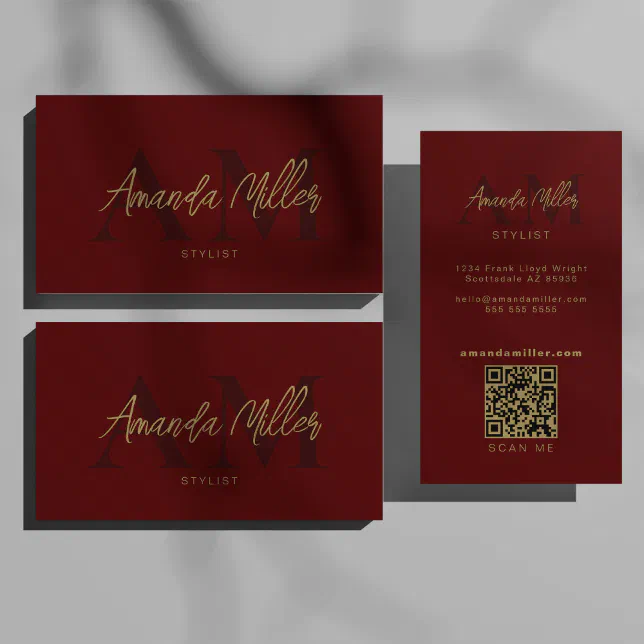 QR Code Modern Minimalist Monogram Dark Red Business Card | Zazzle
