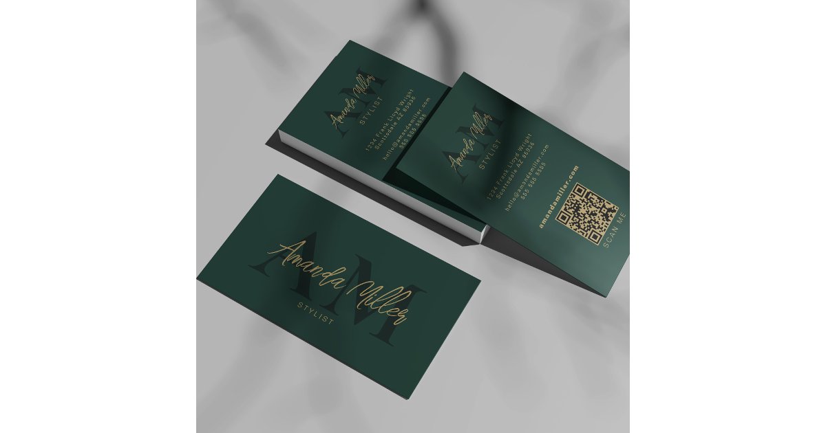 QR Code Modern Minimalist Monogram Emerald Green Business Card | Zazzle