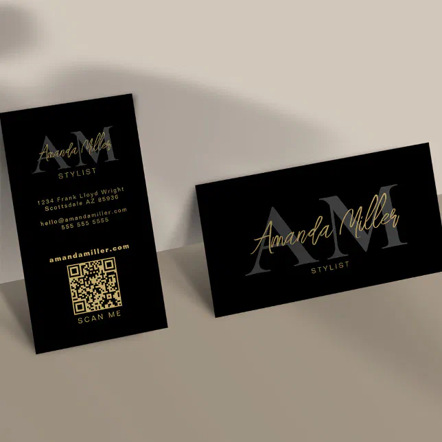 QR Code Modern Minimalist Monogram Vertical Black Business Card | Zazzle