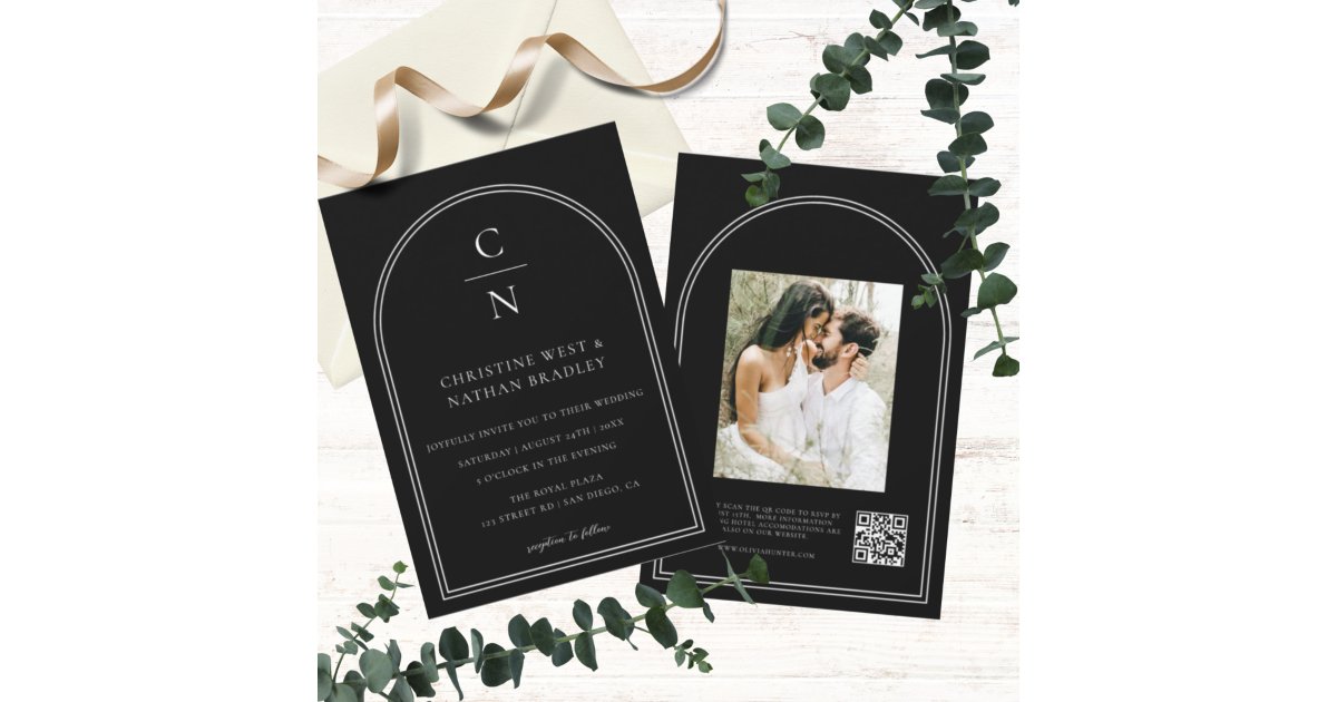 QR Code Modern Monogram Arch Wedding Invitation | Zazzle