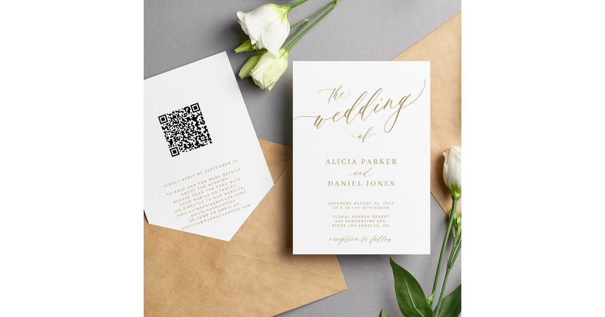 QR code modern romantic elegant gold wedding Invitation | Zazzle