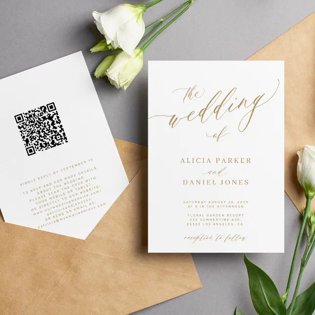QR code modern romantic elegant gold wedding Invitation | Zazzle