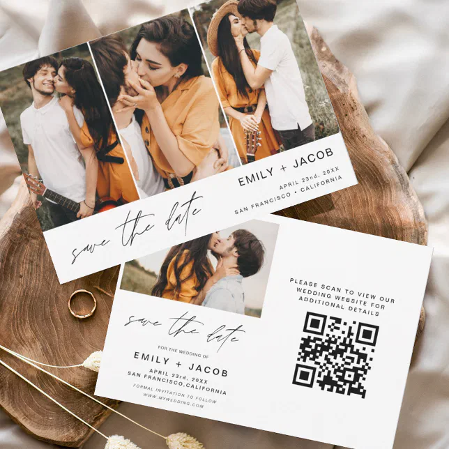 QR Code Modern Save the Date 4 Photo Elegant | Zazzle