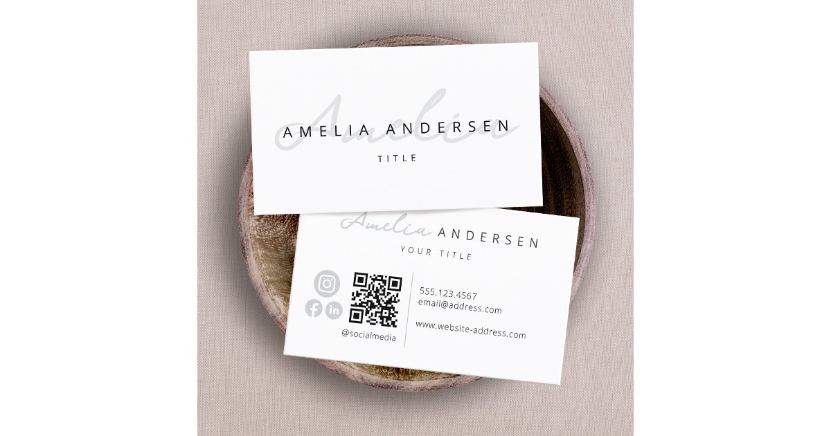 QR Code Modern White Professional Script Business Card | Zazzle