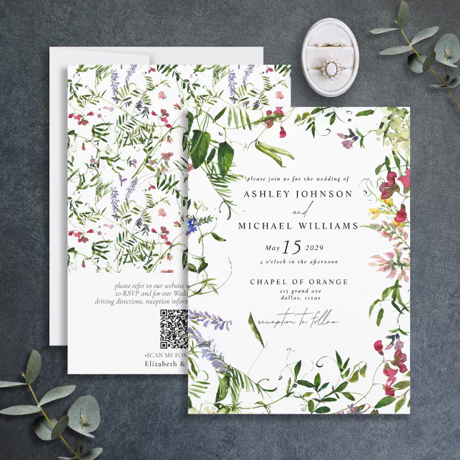 QR Code Modern Wildflower Botanical Floral Wedding Invitation | Zazzle