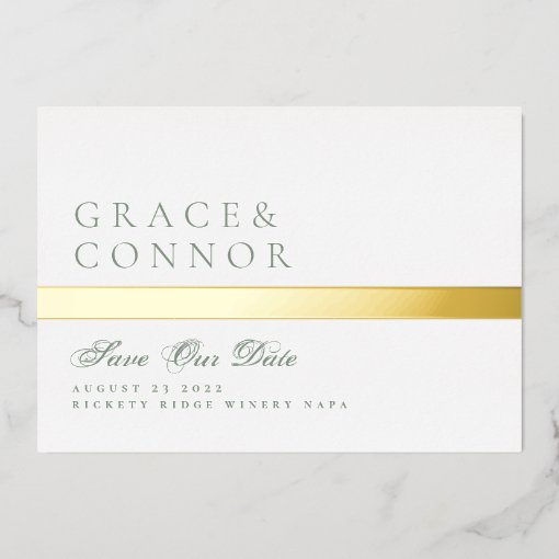 QR Code Moss Green Stripe Photo Save The Date Foil Invitation | Zazzle