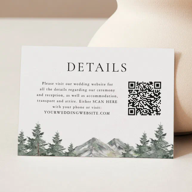 QR Code Mountain Pine Tree Wedding Details Enclosure Card | Zazzle