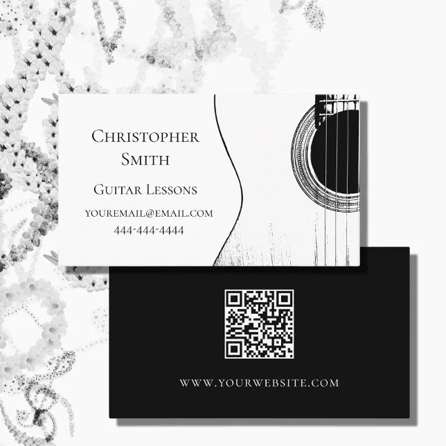 QR Code Musical Black White Guitar Lessons Business Card | Zazzle