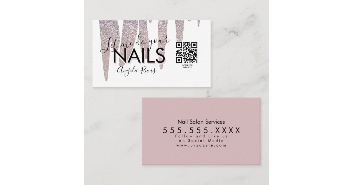 QR CODE Nails Salon Blush Pink Glitter Dripping Business Card | Zazzle