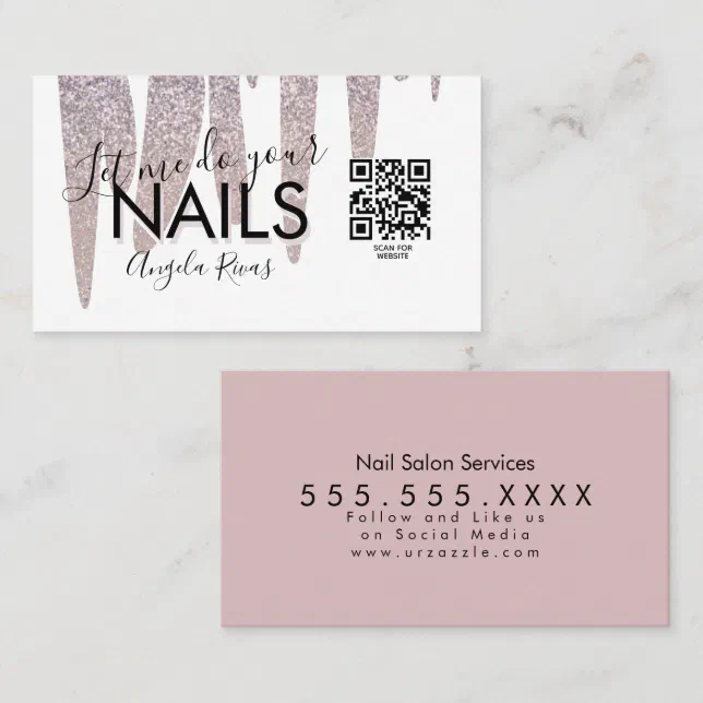 QR CODE Nails Salon Blush Pink Glitter Dripping Business Card | Zazzle