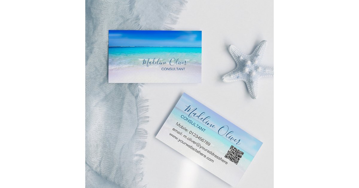 QR Code Ocean Beach Sea Travel Aqua Blue Stylish Business Card | Zazzle
