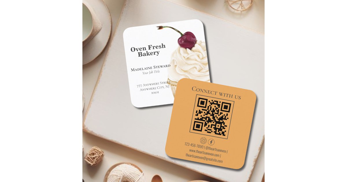 QR Code Orange White Cupcake Bakery Square Business Card | Zazzle