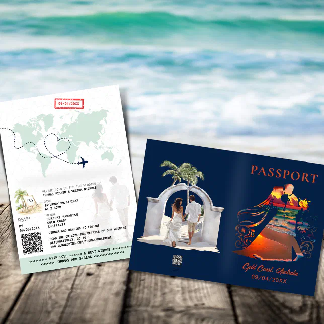 QR Code Passport Sunset Tropical Beach Wedding Invitation | Zazzle