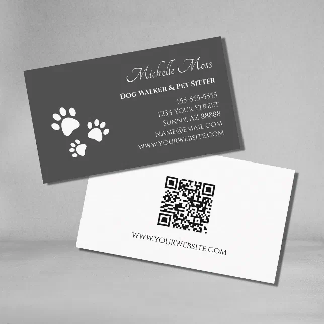 QR code Paw Prints Pet Sitter Gray Business Card | Zazzle