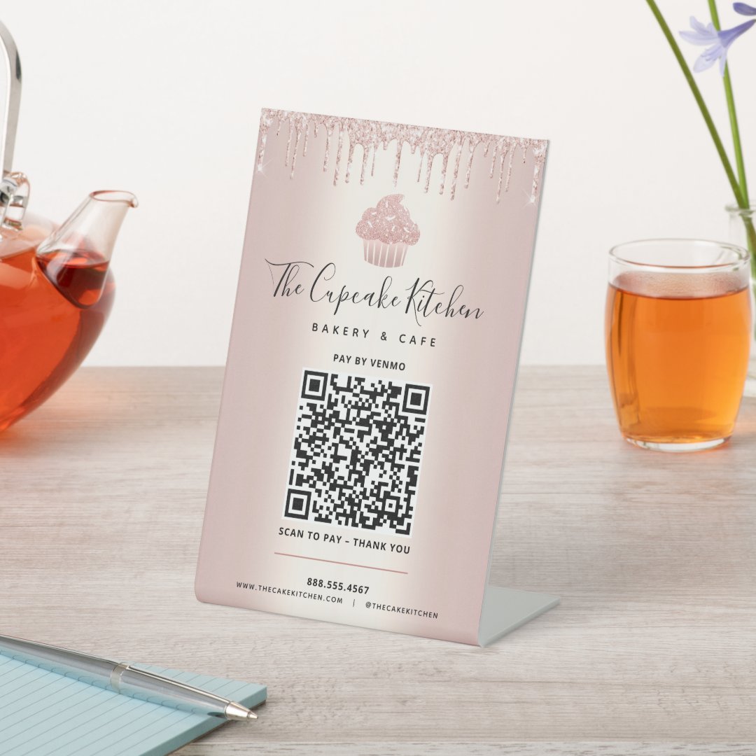 QR Code Pay Here Rose Gold Cupcake Glitter Bakery Pedestal Sign | Zazzle