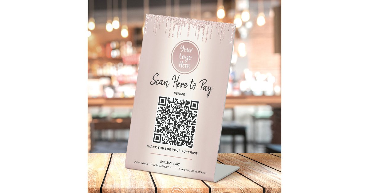 QR Code Pay Here Rose Gold Glitter Custom Logo Pedestal Sign | Zazzle