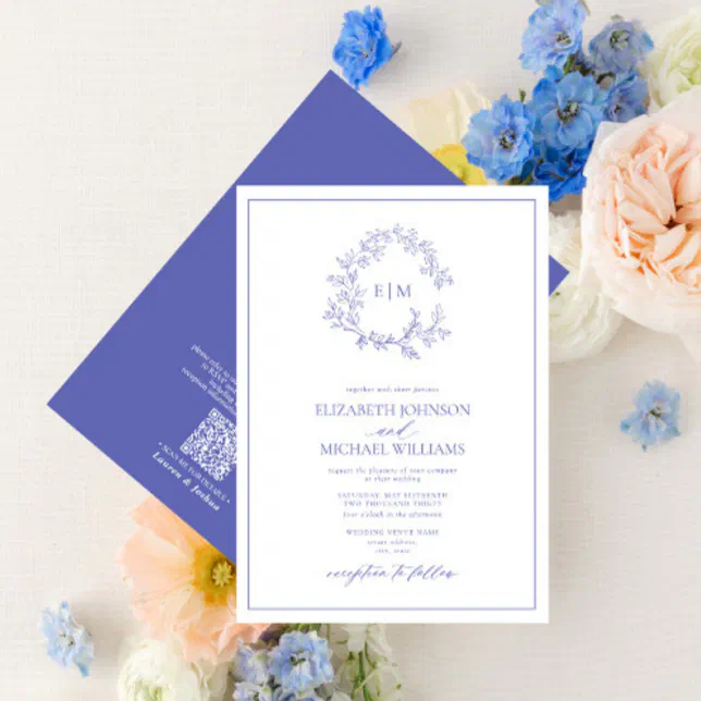 QR Code Periwinkle Leafy Crest Monogram Wedding Invitation | Zazzle