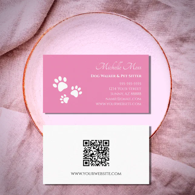 QR code Pet Sitter Paw Prints Pink Business Card | Zazzle