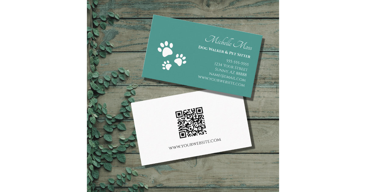 QR code Pet Sitter Paw Prints Teal Green Business Card | Zazzle